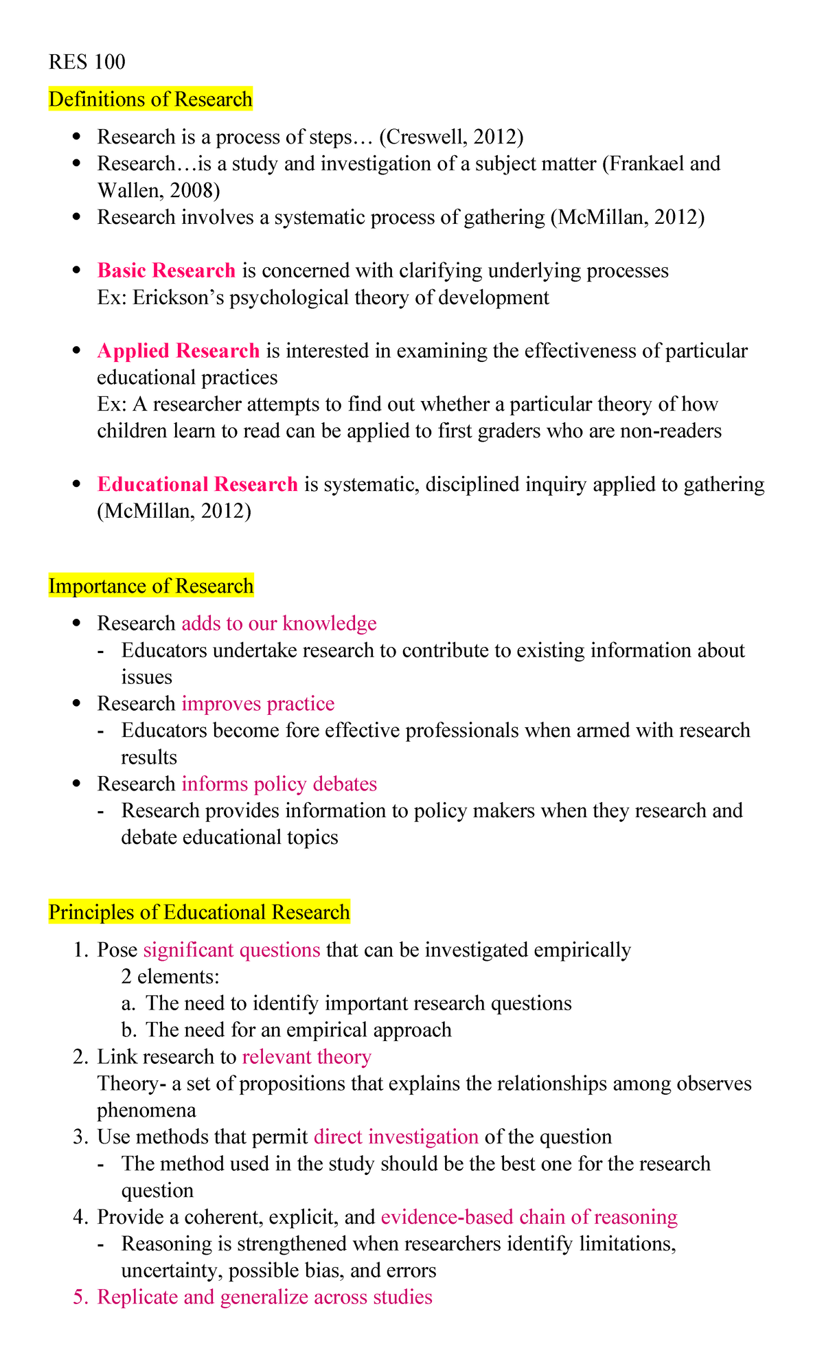RES 1 00 Notes - RES 100 Definitions of Research Research is a process ...