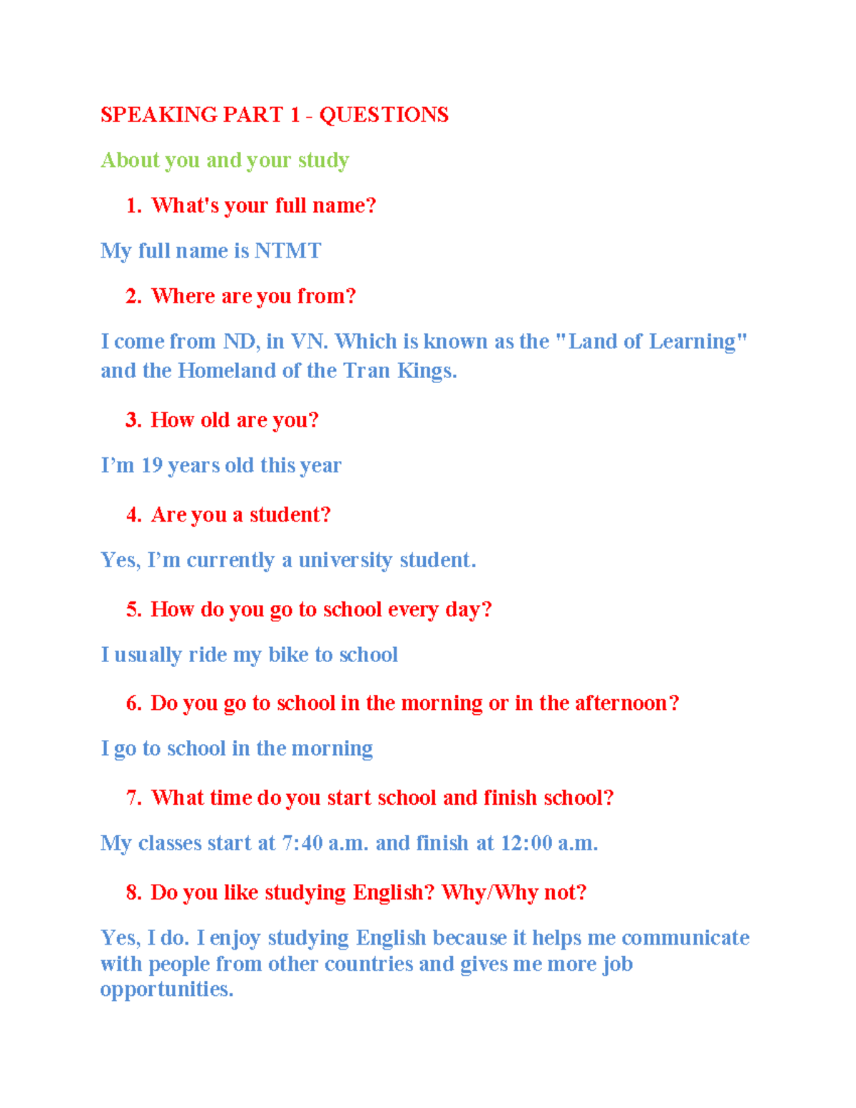 Speaking Part 1 Questions: Personal Info & Hobbies - Studocu