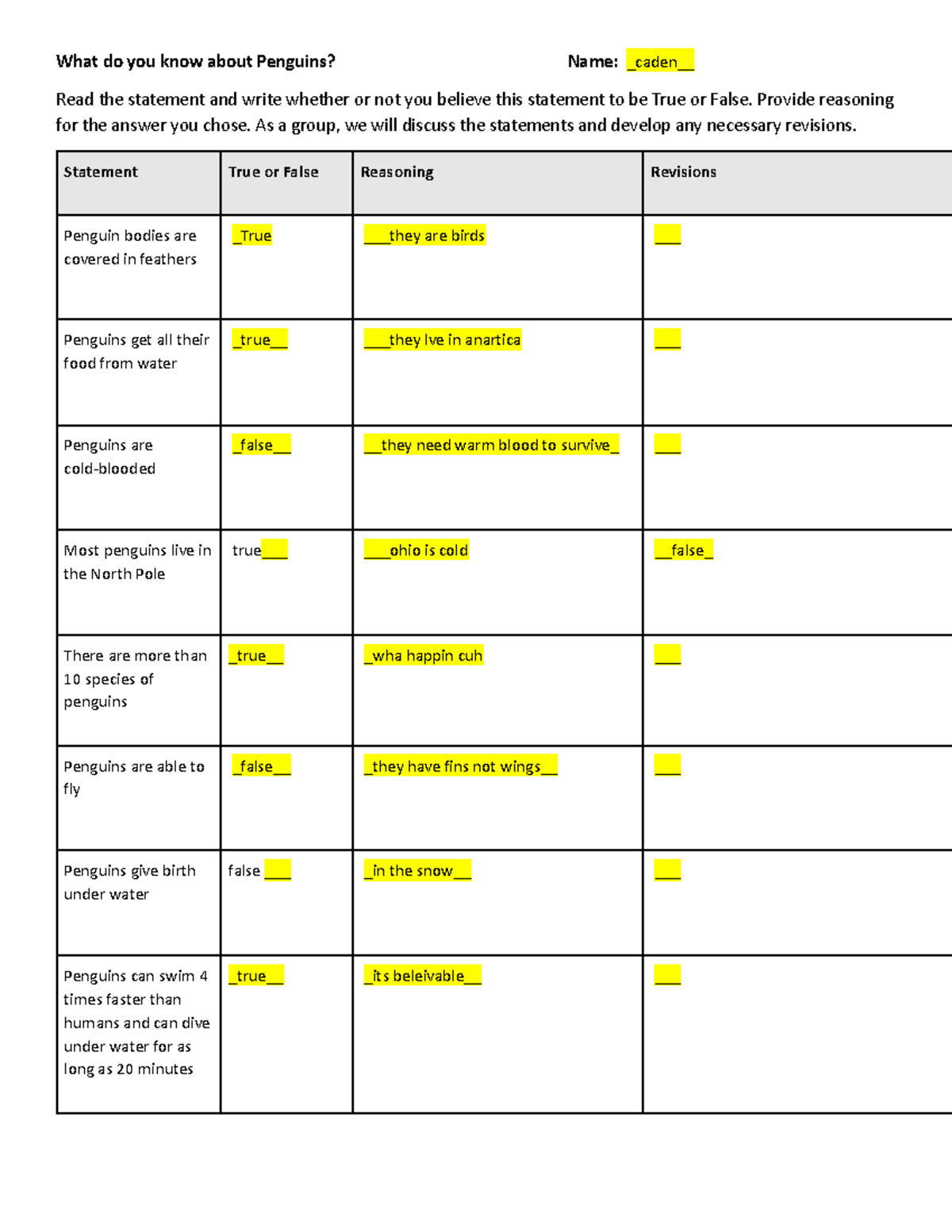 Copy of Pnguin Questioning Form - What do you know about Penguins? Name ...