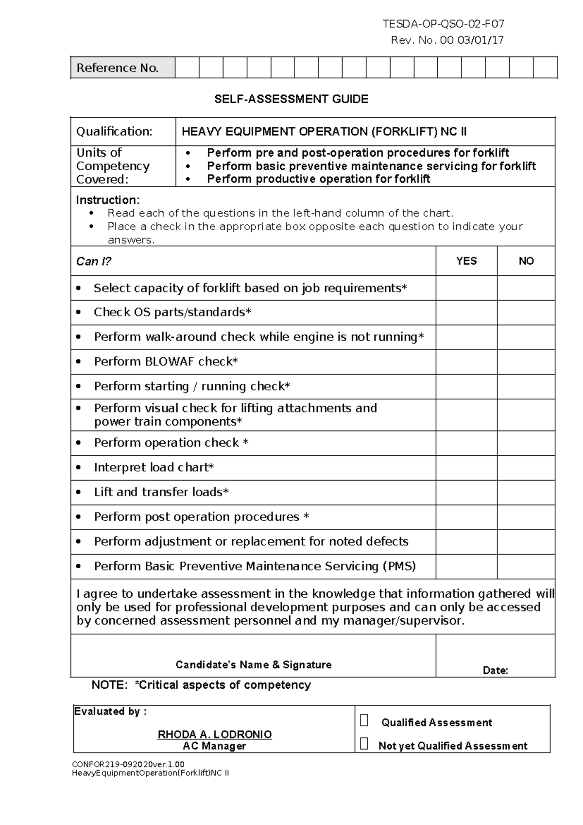 SAG-HEO: Heavy Equipment Operation (Forklift) NC II Assessment Guide ...
