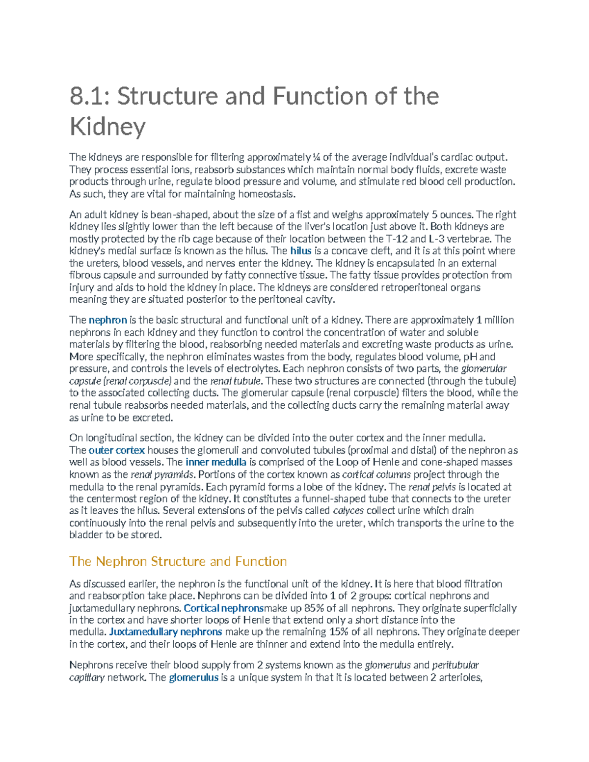 8.1: Structure and Function of the Kidney - Exam 8 Study Guide - Studocu