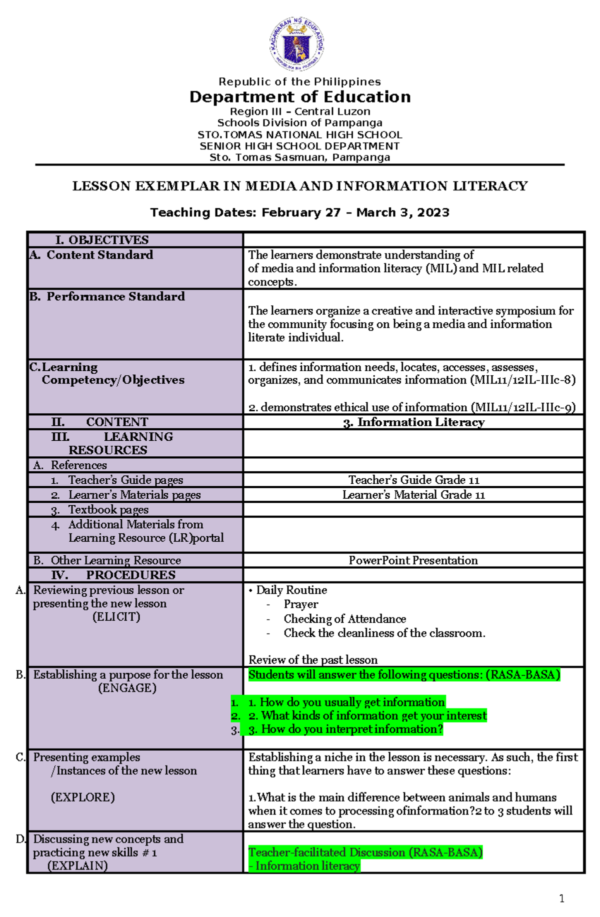 Lesson Exemplar - Media & Information Literacy (MIL11/12IL-III) - Studocu