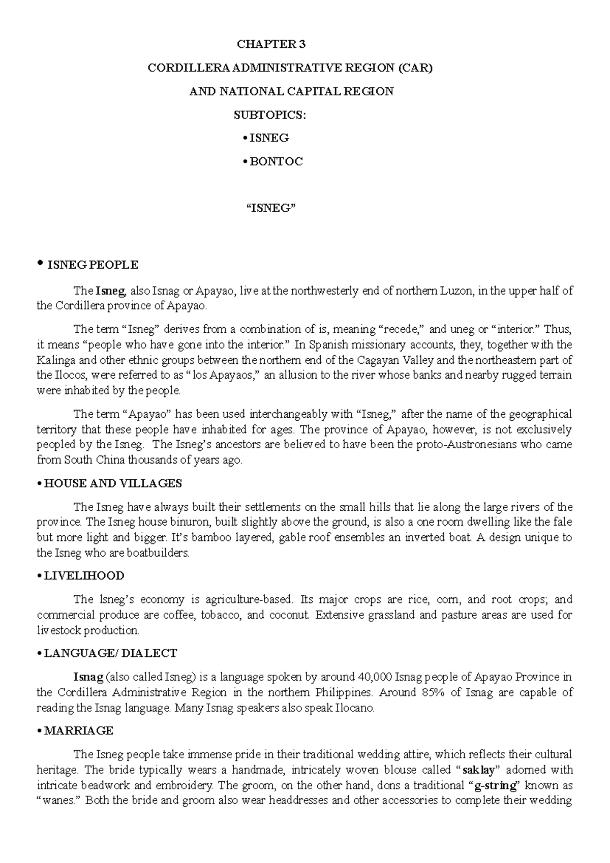 CHAPTER 3: ISNEG AND BONTOC PEOPLE IN CORDILLERA ADMIN REGION - Studocu