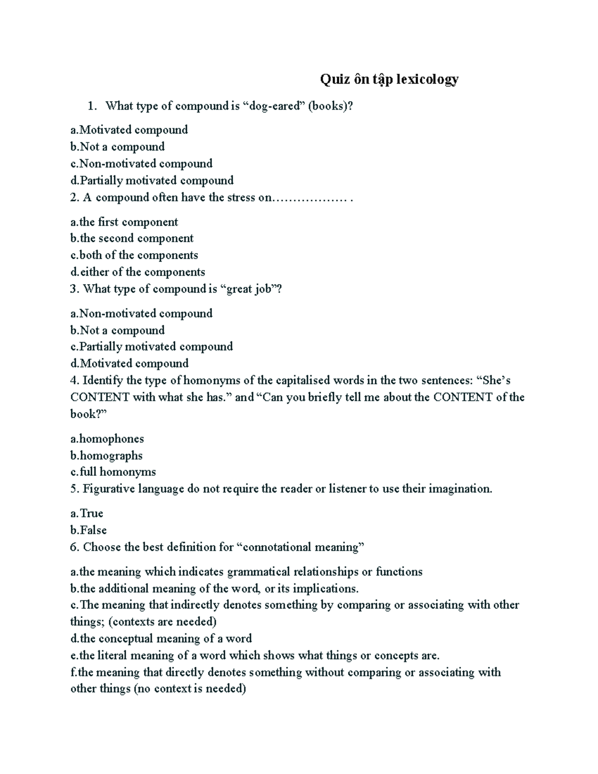 Quiz ôn tập Lexicology 1: Types of Compounds and Homonyms - Studocu