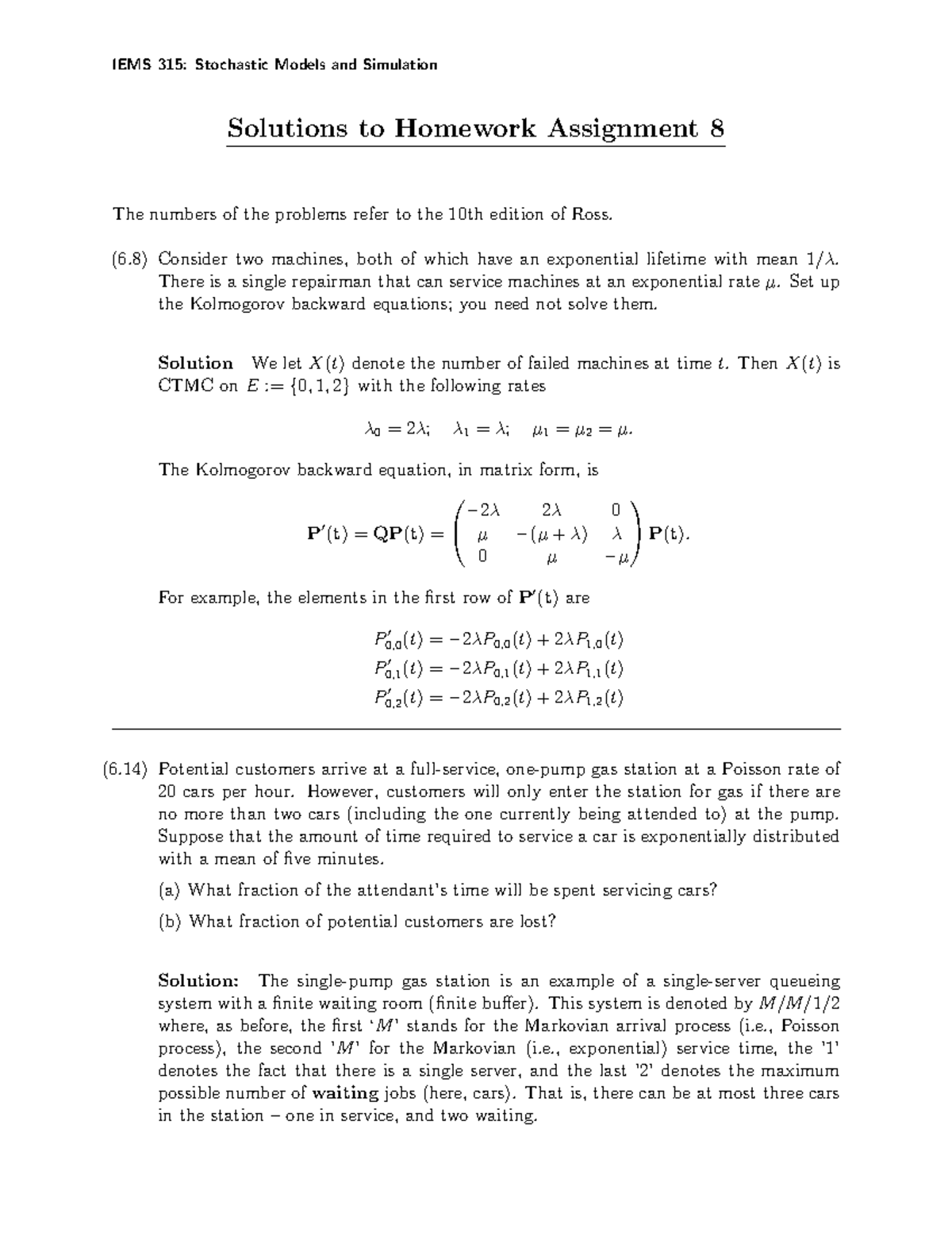 315-HW8 Sol - fall 2015 homework 8 solutions - IEMS 315: Stochastic Models and Simulation ...