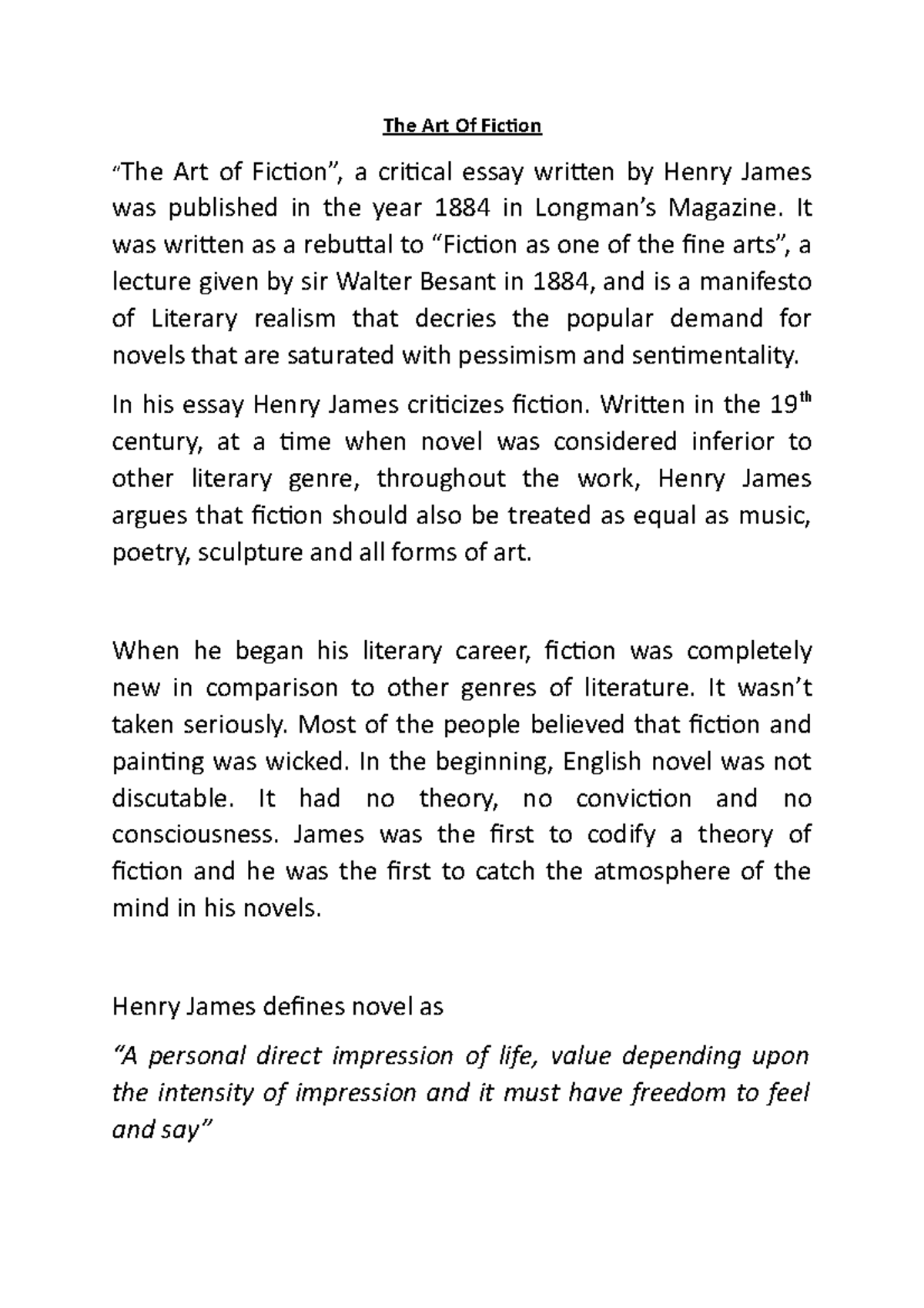 Critical Analysis of "The Art of Fiction" by Henry James - Studocu
