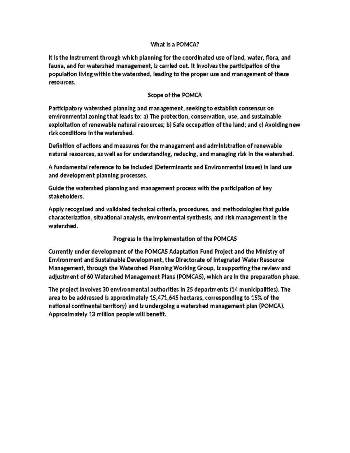 What is a POMCA? Overview of watershed management and planning - Studocu