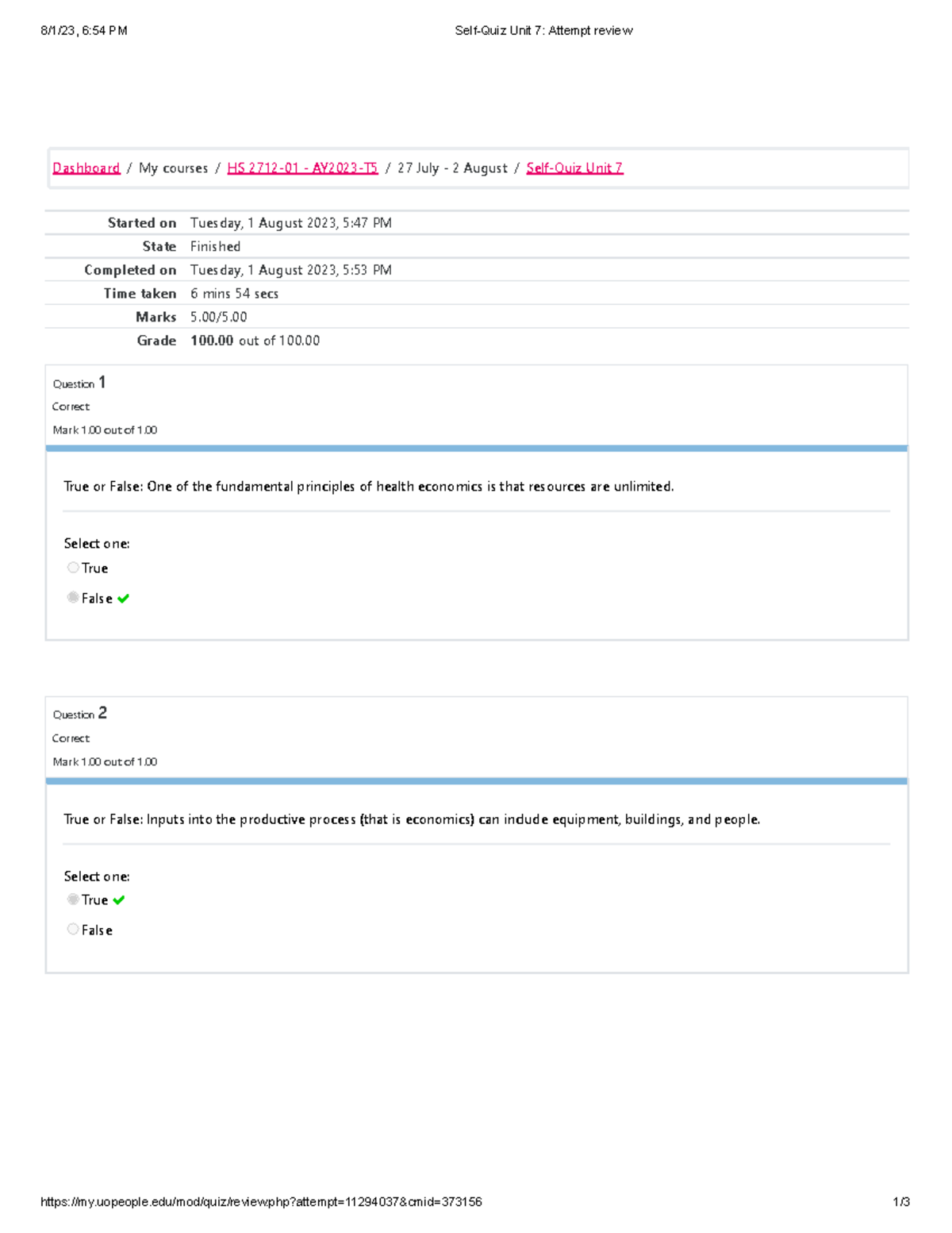 Self-Quiz HS 2712-01 Unit 7 Attempt Review & Results - Studocu