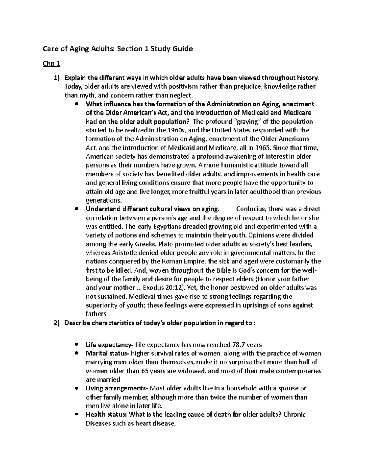 Care of Aging Adults: Section 1 Study Guide (Chapters 1 & 3) - Studocu
