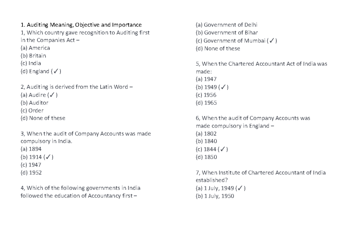 Auditing Essentials: Multiple Choice Questions (MCQ) for ACC101 - Studocu