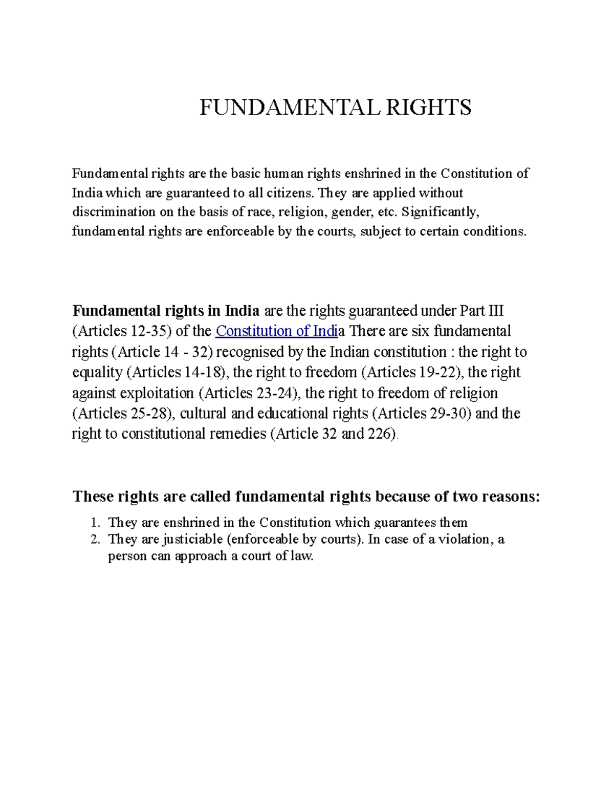 Pol Sci Assignment: Overview of Fundamental Rights in India - Studocu