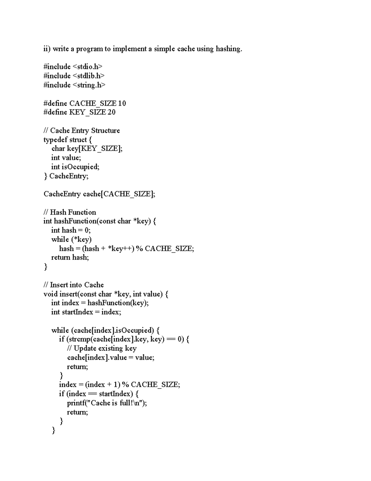 Exercise 9(ii) program: Implementing a simple cache using hashing - Studocu