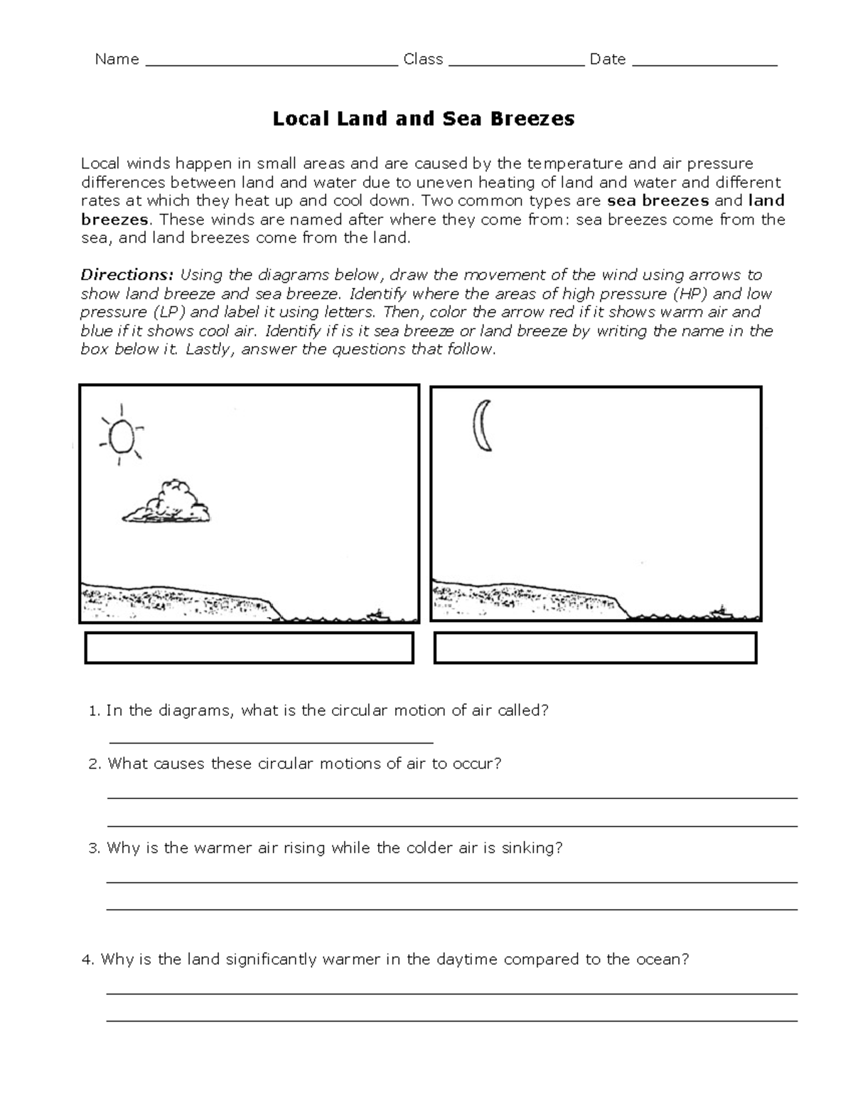Land and Sea Breeze Worksheet for Understanding Local Winds - Studocu