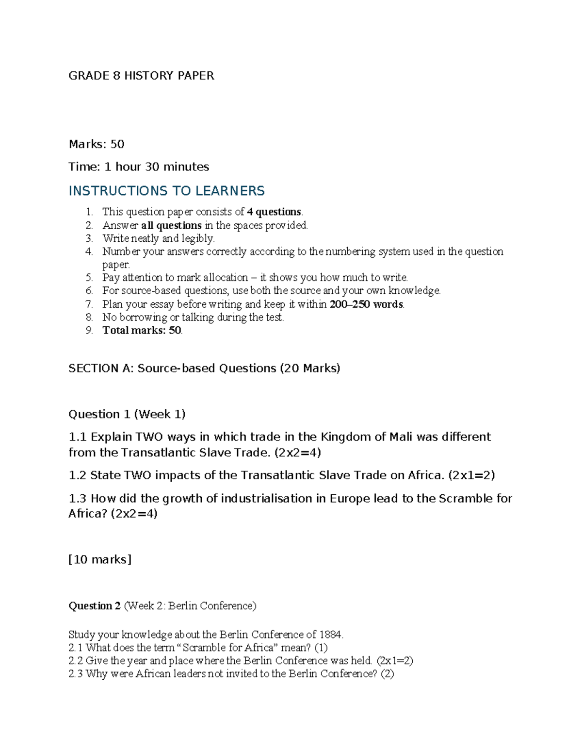 GRADE 8 HISTORY PAPER: Exam Questions & Instructions - Studocu