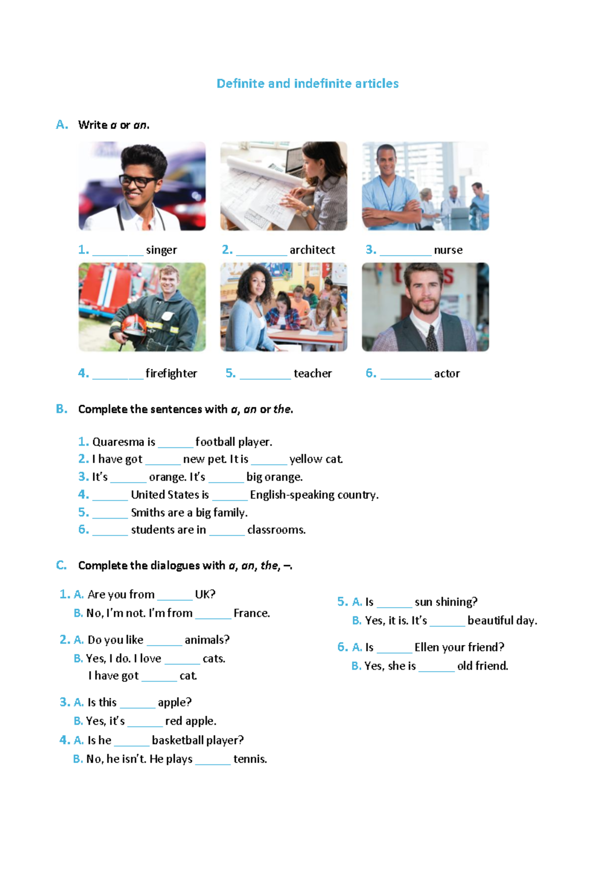 Definite and Indefinite Articles Worksheet - Studocu