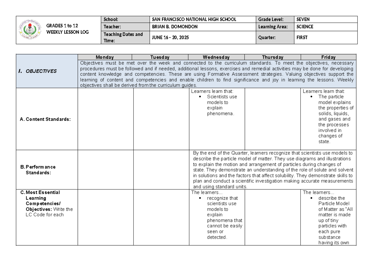 Weekly Lesson Log for Grade 7 Science (W1) - June 16-20, 2025 - Studocu