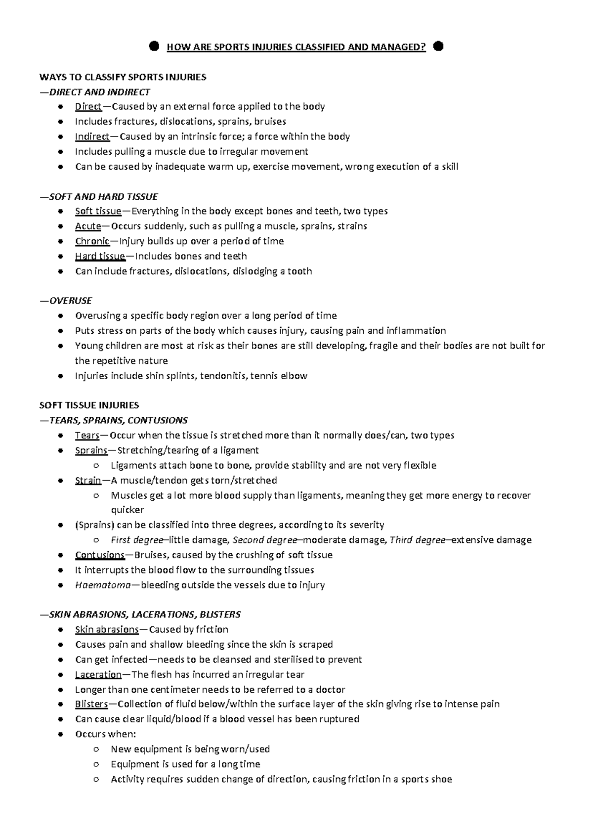 Pdhpe - HSC Notes on Sports Medicine: Classification & Management - Studocu