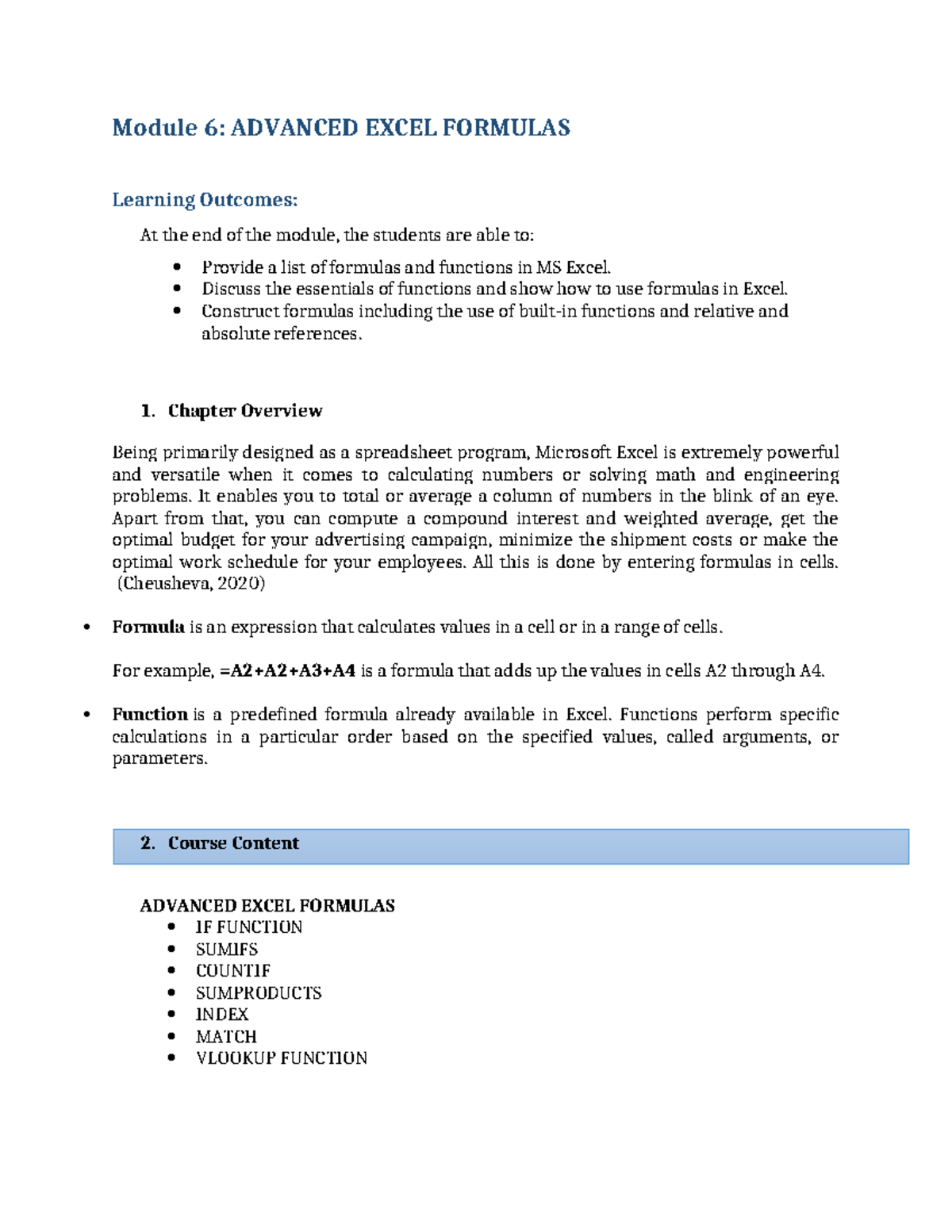 Module 6: Advanced Excel Formulas for IT Application Tools - Studocu