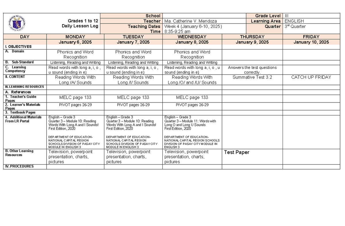 DLL English 3 Q3 Week 4 Lesson Plan: Phonics & Word Recognition - Studocu