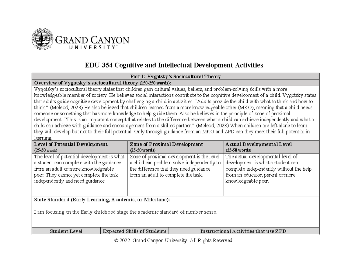 EDU-354 Cognitive Development Activity Chart & Vygotsky's Theory - Studocu