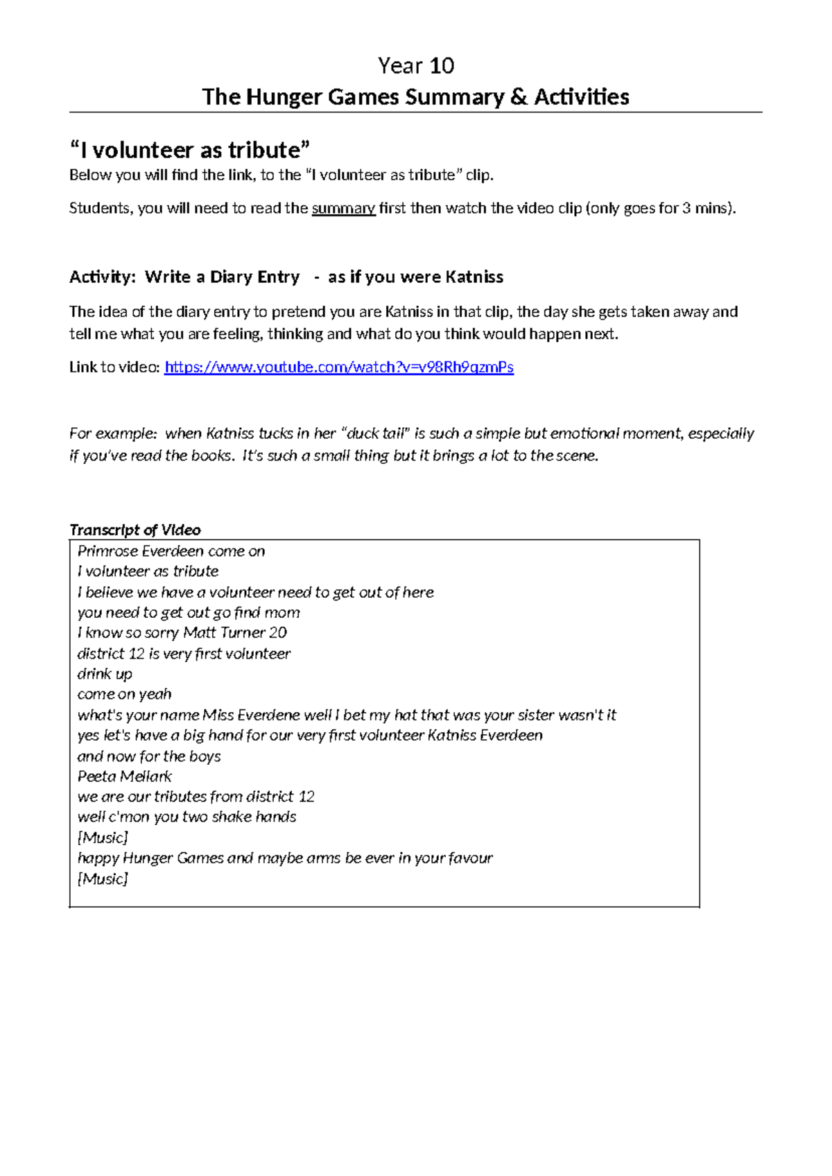 Yr10 (Term 3) The Hunger Games - Summary, Activities & Diary Entry ...