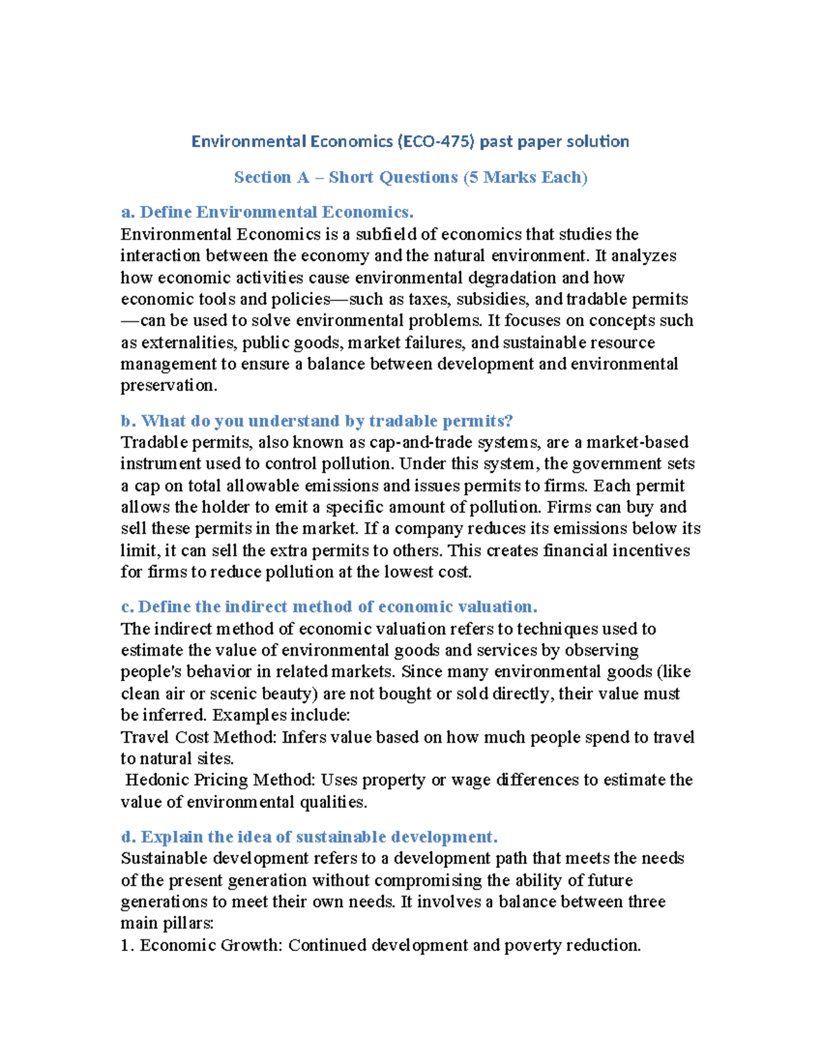Environmental Economics ECO475 IMPORTANT QUESTIONS - Environmental ...