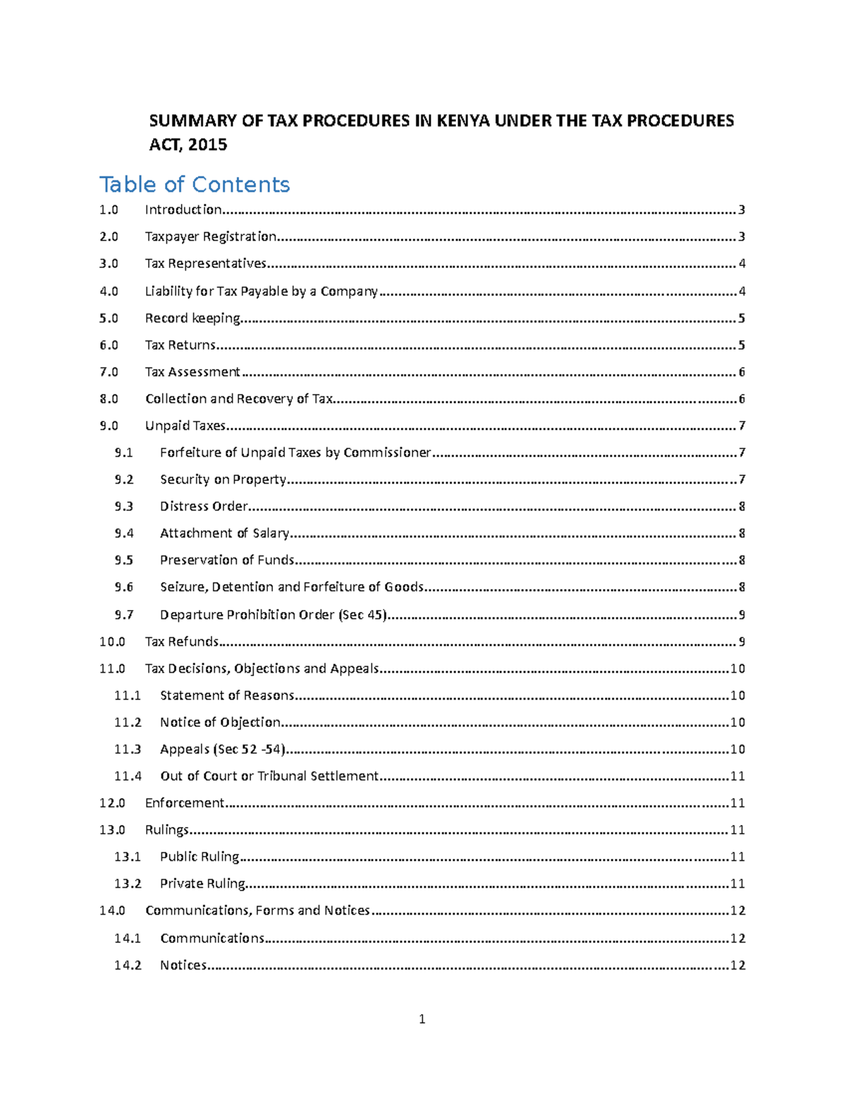Summary of Tax Procedures Applicable in Kenya - Tax Act Overview - Studocu