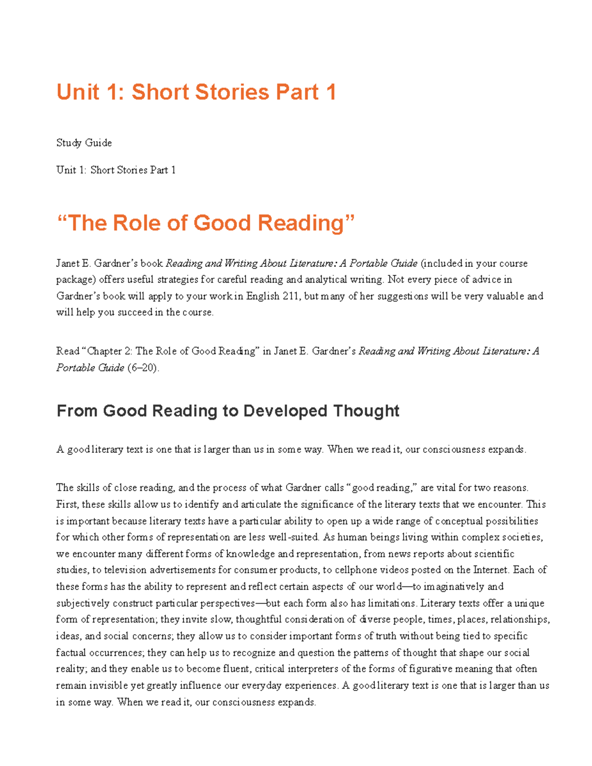ENG 211: Unit 1 Study Guide on Good Reading & Literary Analysis - Studocu