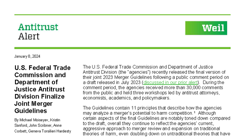 US FTC & DOJ Antitrust Division Finalize 2023 Merger Guidelines - Studocu