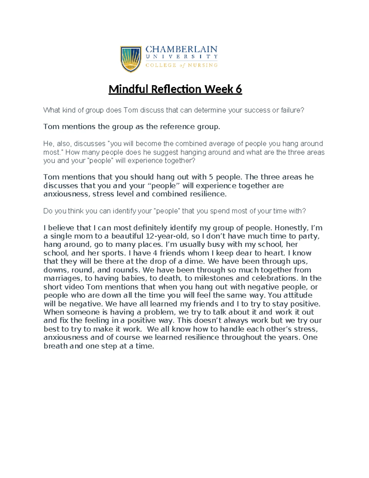 NR103 Week 1 Reflection: Mindfulness and Healthy Habits - Studocu