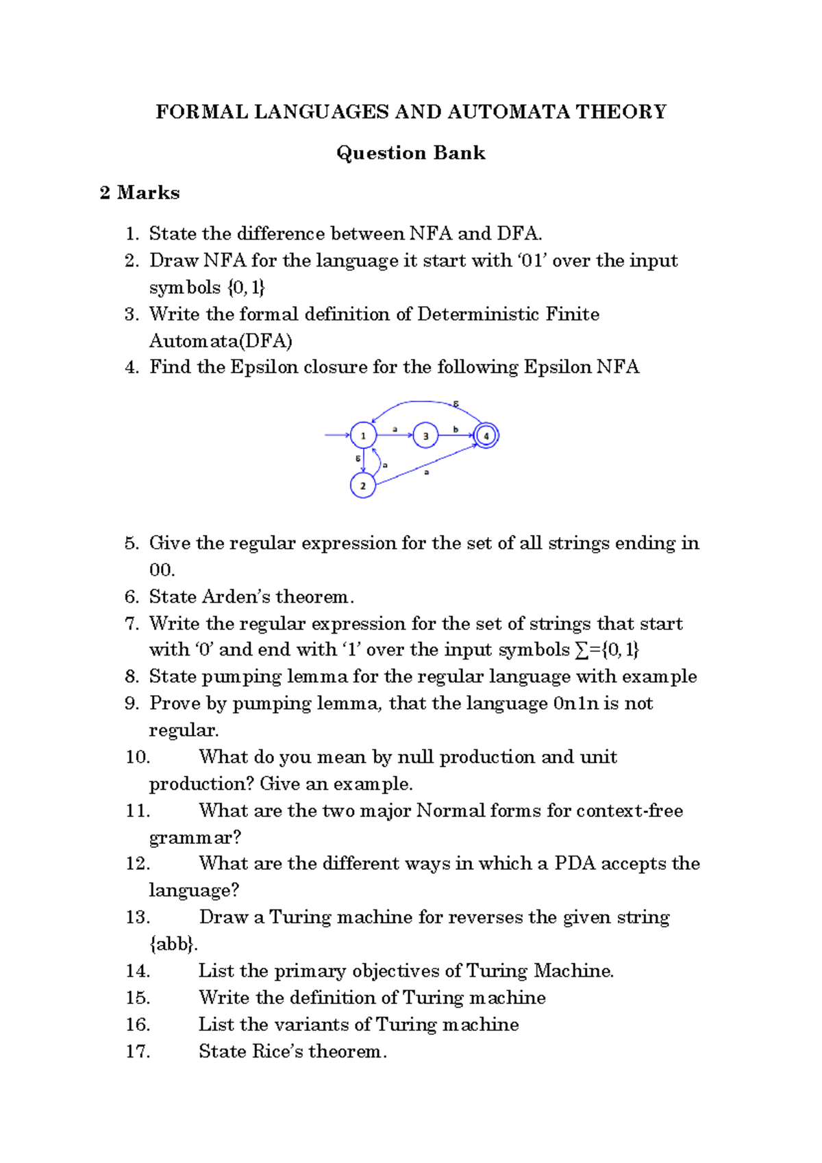 Formal Languages & Automata Theory - Question Bank (Q & A) - Studocu