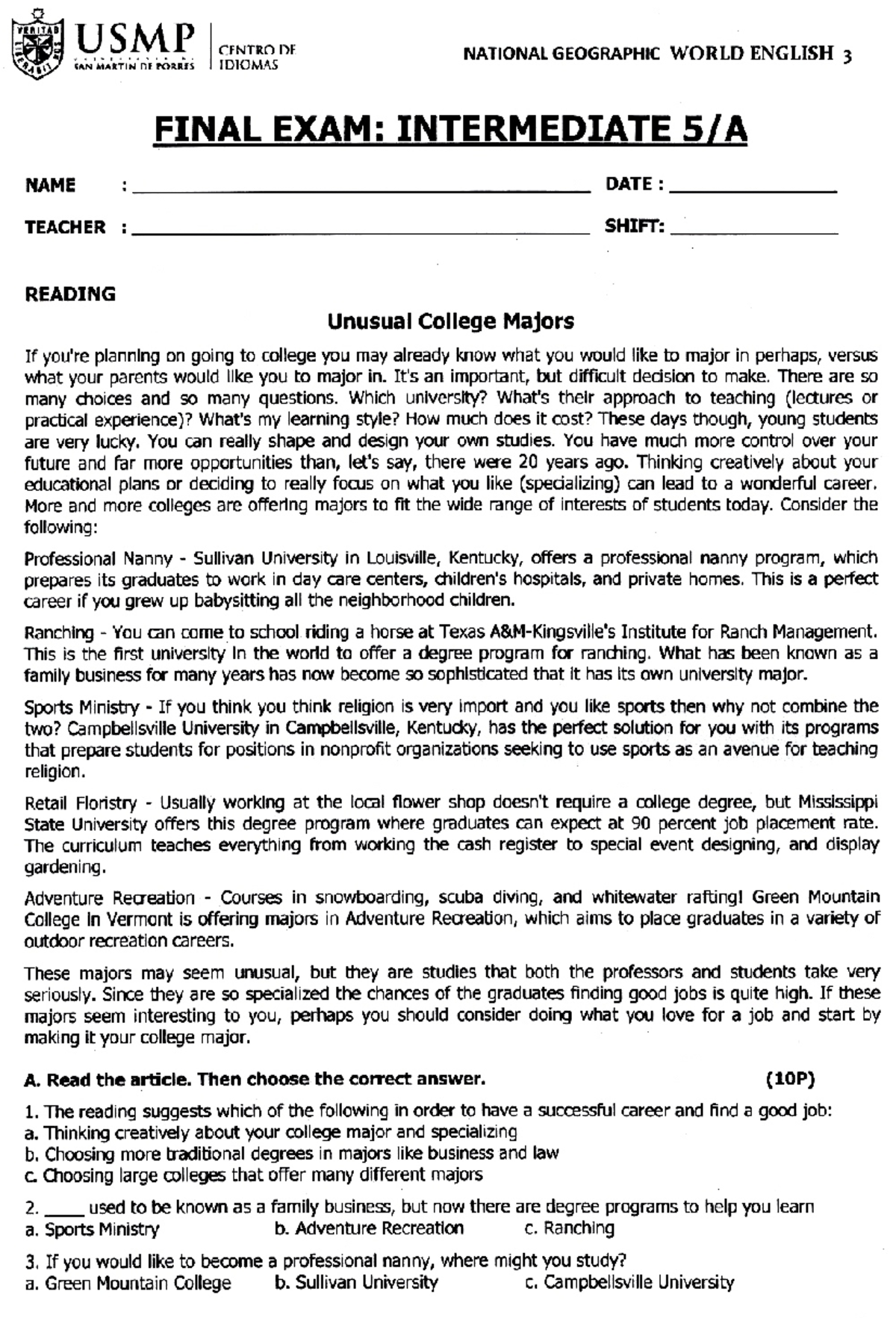 USMP National Geographic World English 3 Final Exam: Unusual College ...