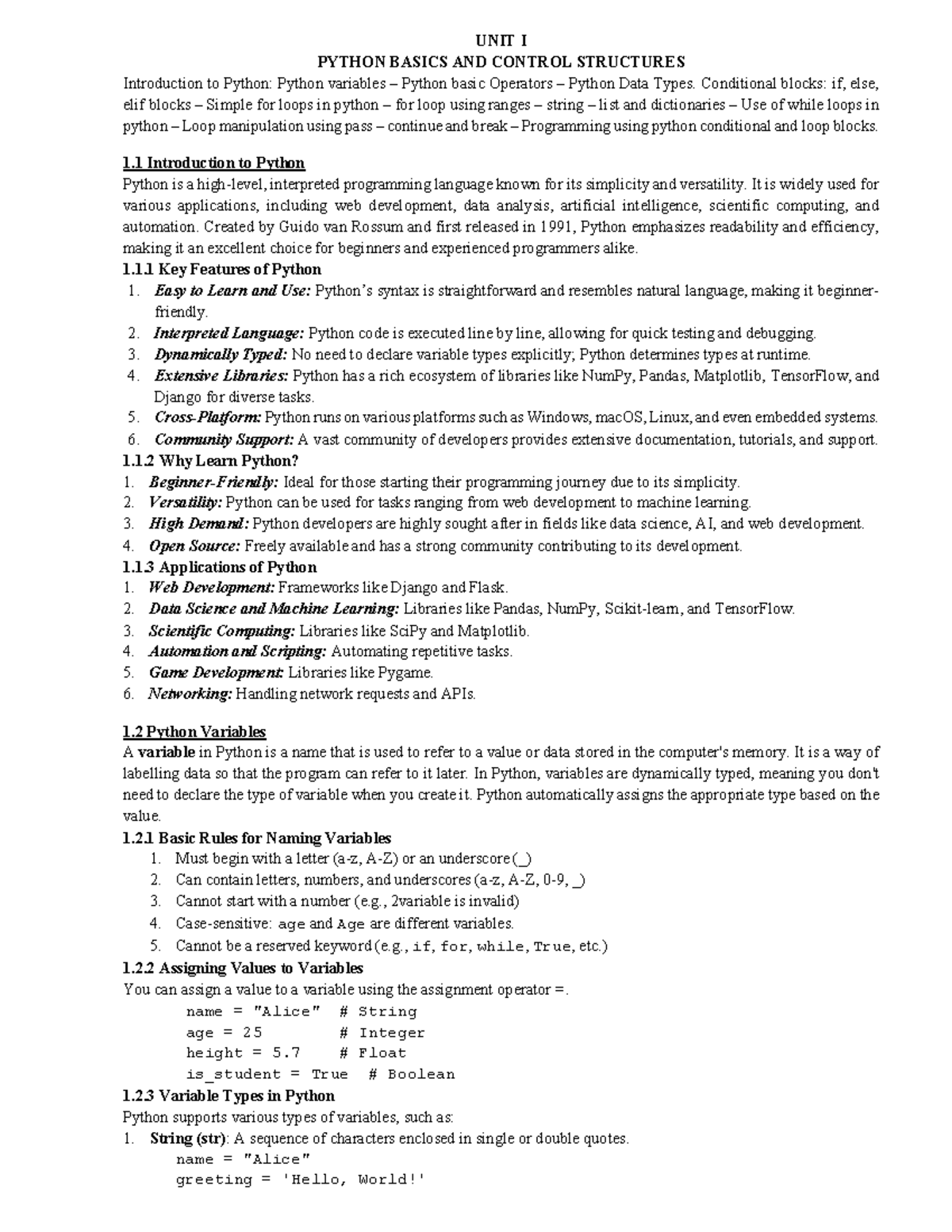 Unit 1 - Python Basics and Control Structures Overview - Studocu