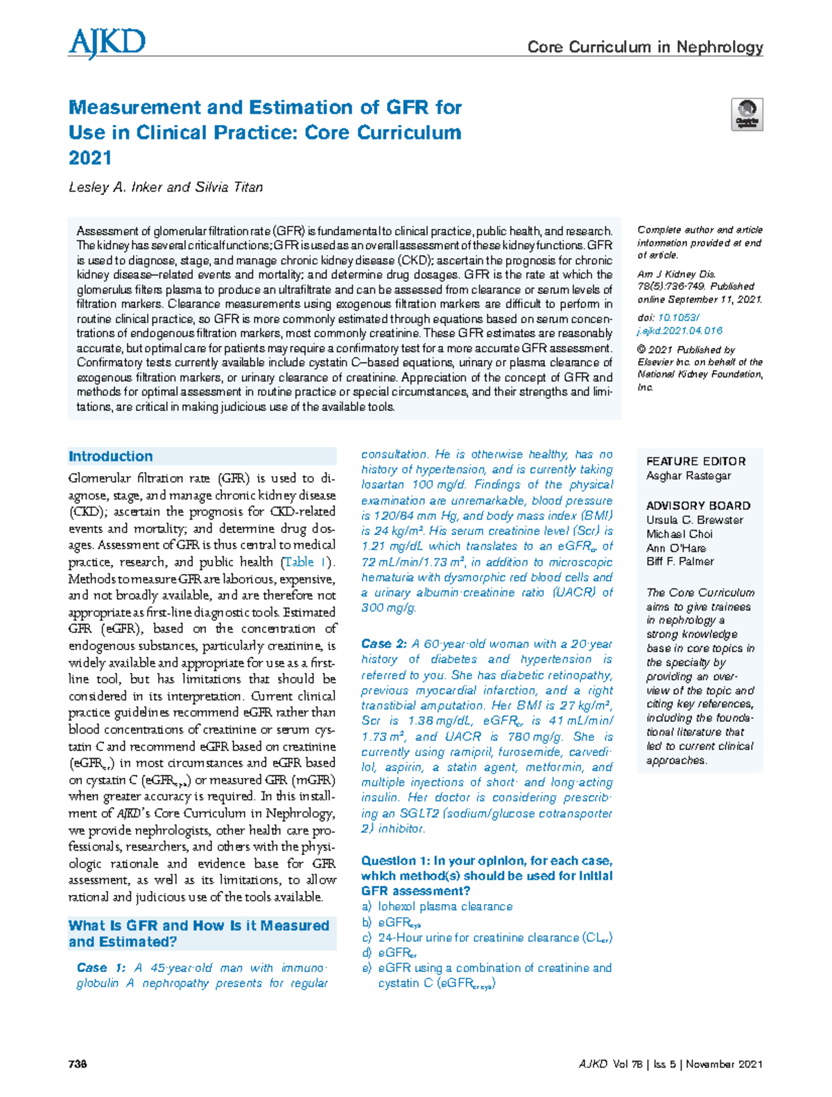 Core Curriculum 2021: GFR Measurement & Estimation in Nephrology - Studocu