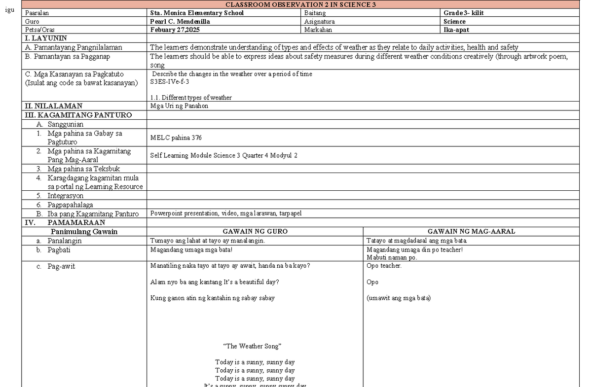 Dlp - Lesson Plan for Classroom Observation in Science 3 - Studocu