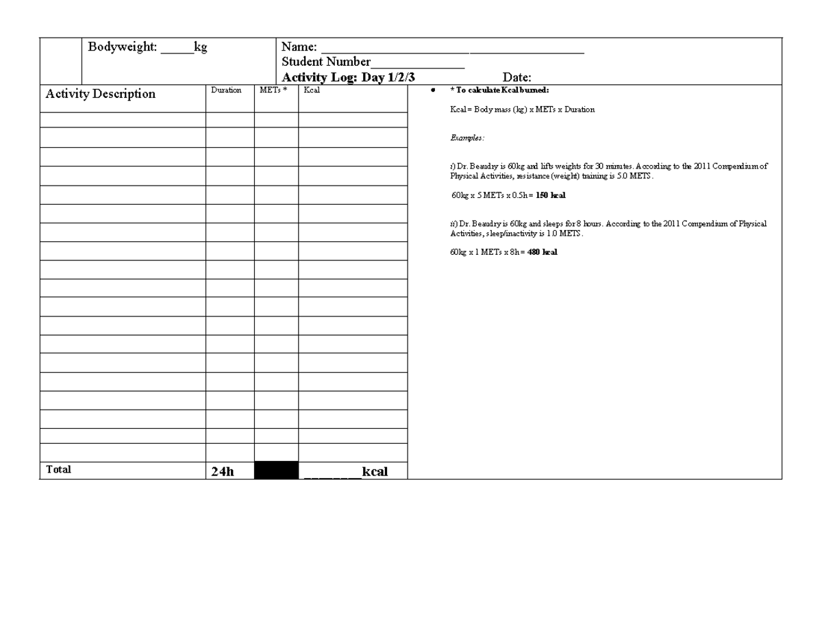 Blank+Activity+Log - Hi hg - Bodyweight: _____kg Name