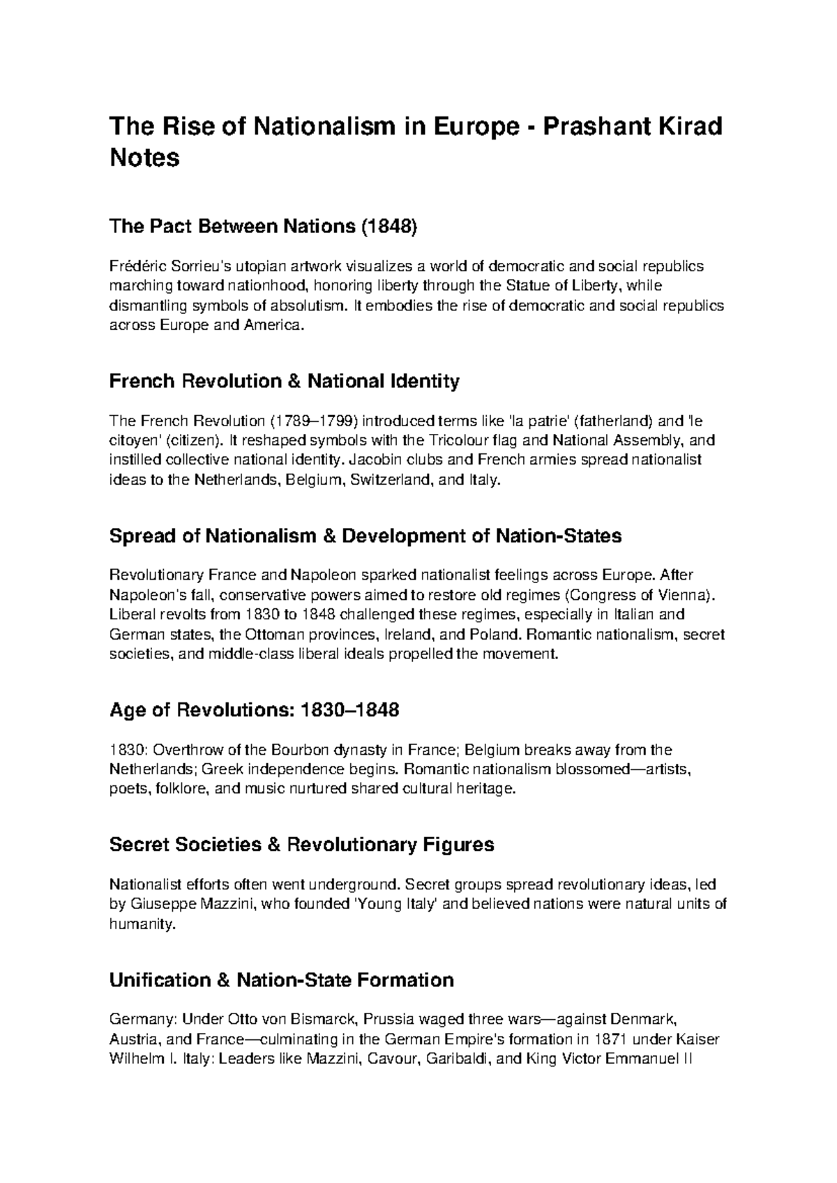 Rise of Nationalism in Europe: Prashant Kirad Notes on 1848 - Studocu