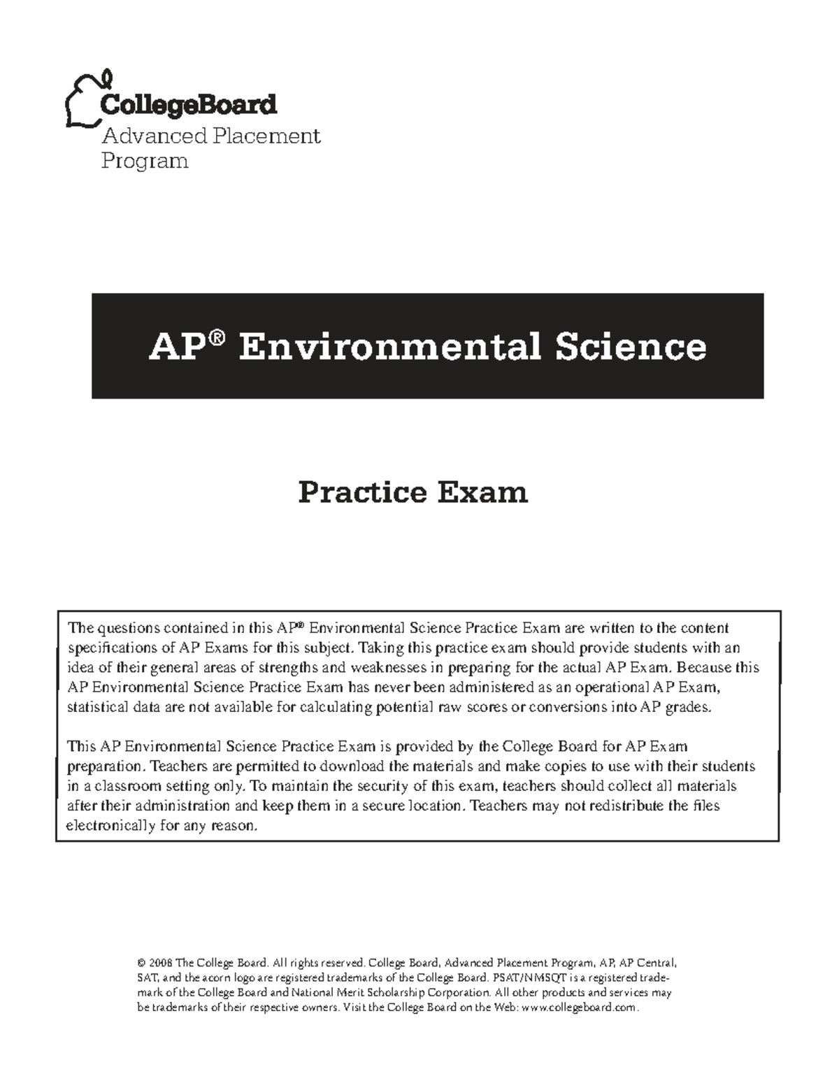 2008 APES Released Practice Exam for Environmental Science - Studocu