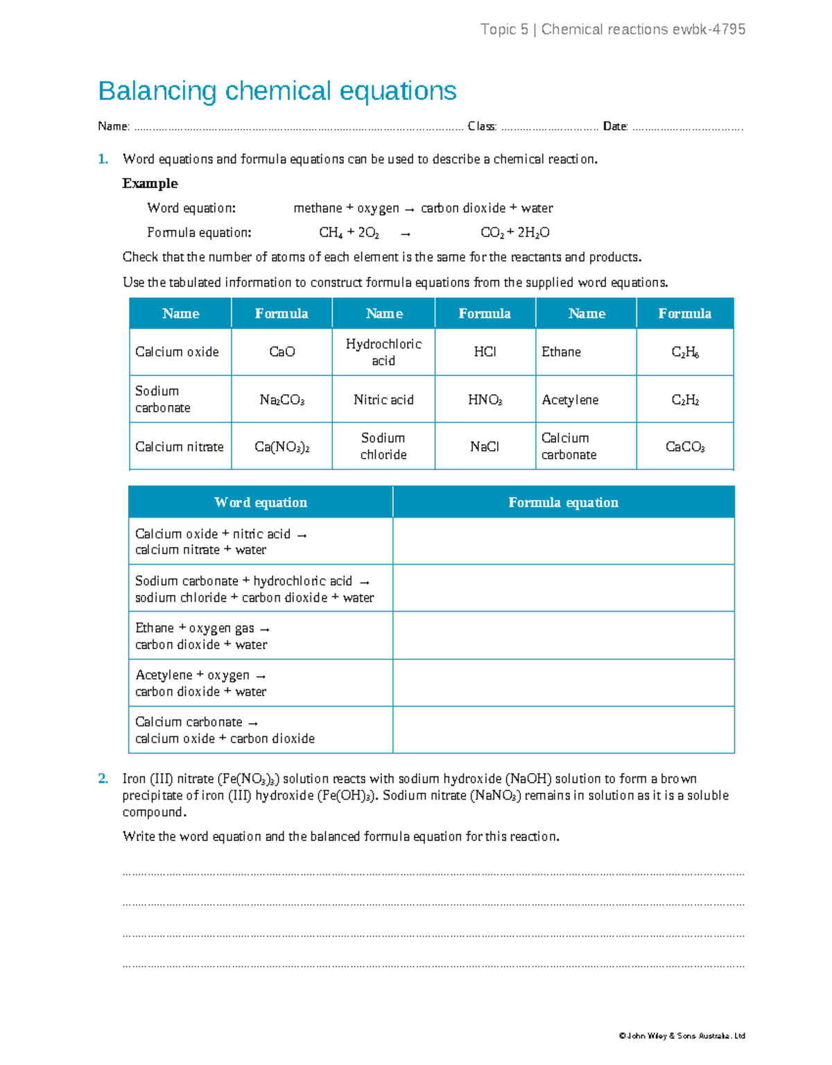 WS Balancing Chemical Equations - Topic 5 Chemistry - Studocu