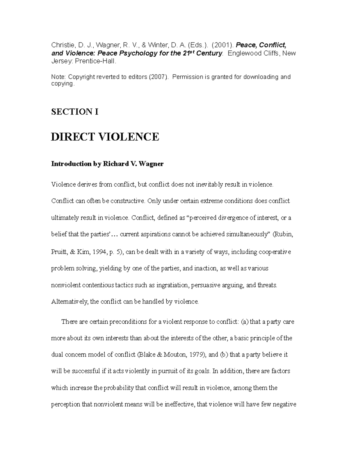 Direct Violence Analysis in Peace Psychology (Wagner 2eui9yv) - Studocu