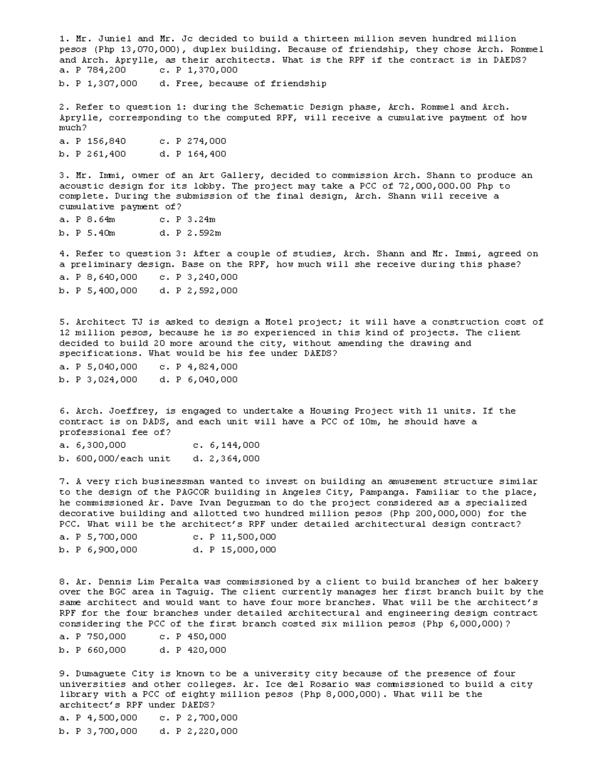 707846202 SPP Sample Calculations for Architectural Fees and RPF - Studocu