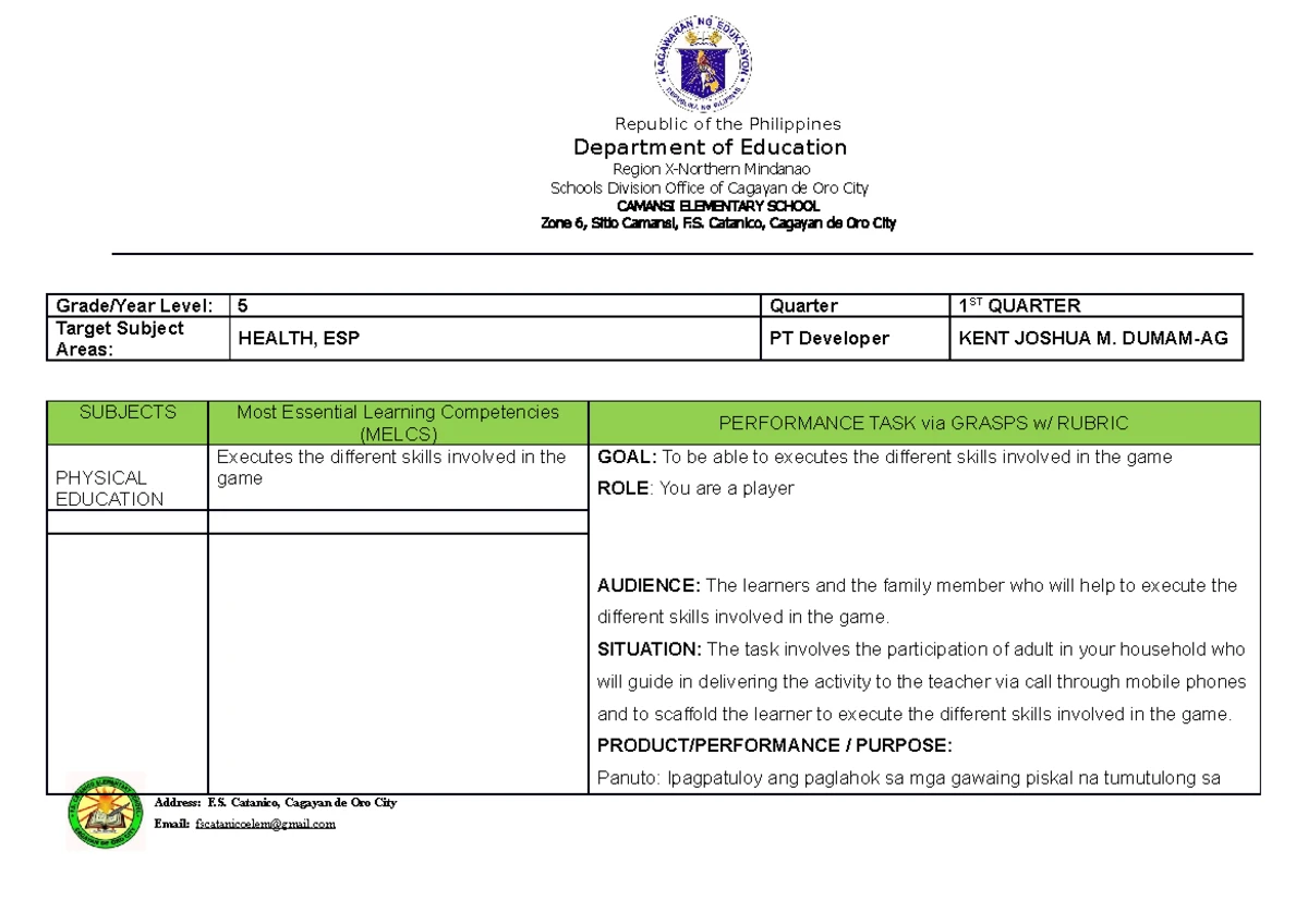 Grade 6 Quarter 1 - Performance task 2 - Department of Education Region ...
