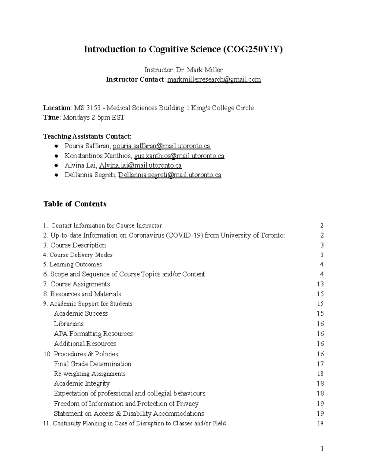 COG250 Syllabus 2024-2025 - Introduction to Cognitive Science (COG 250 Y!Y) Instructor: Dr. Mark ...