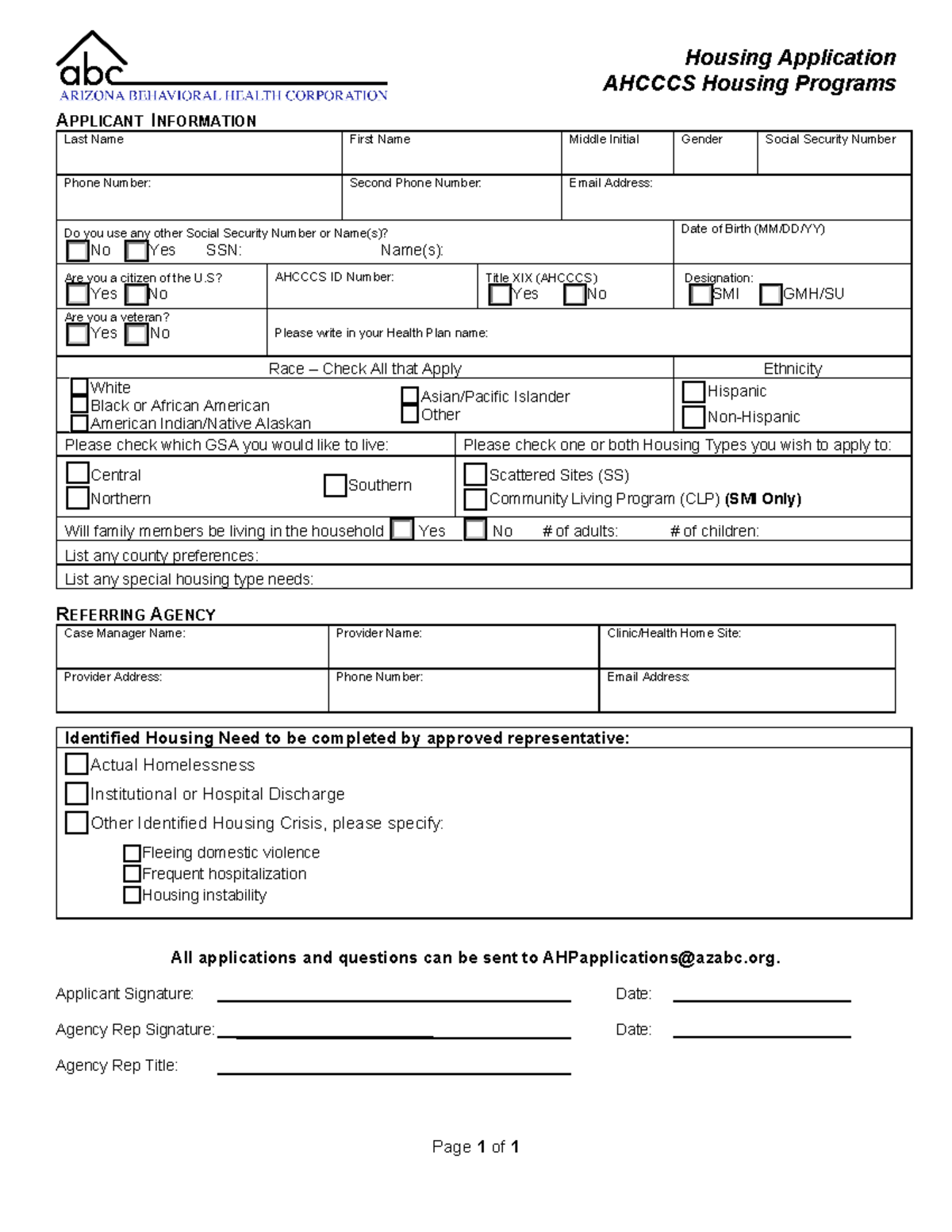 AHP Housing Application Packet 10 - Page 1 of 1 Housing Application ...