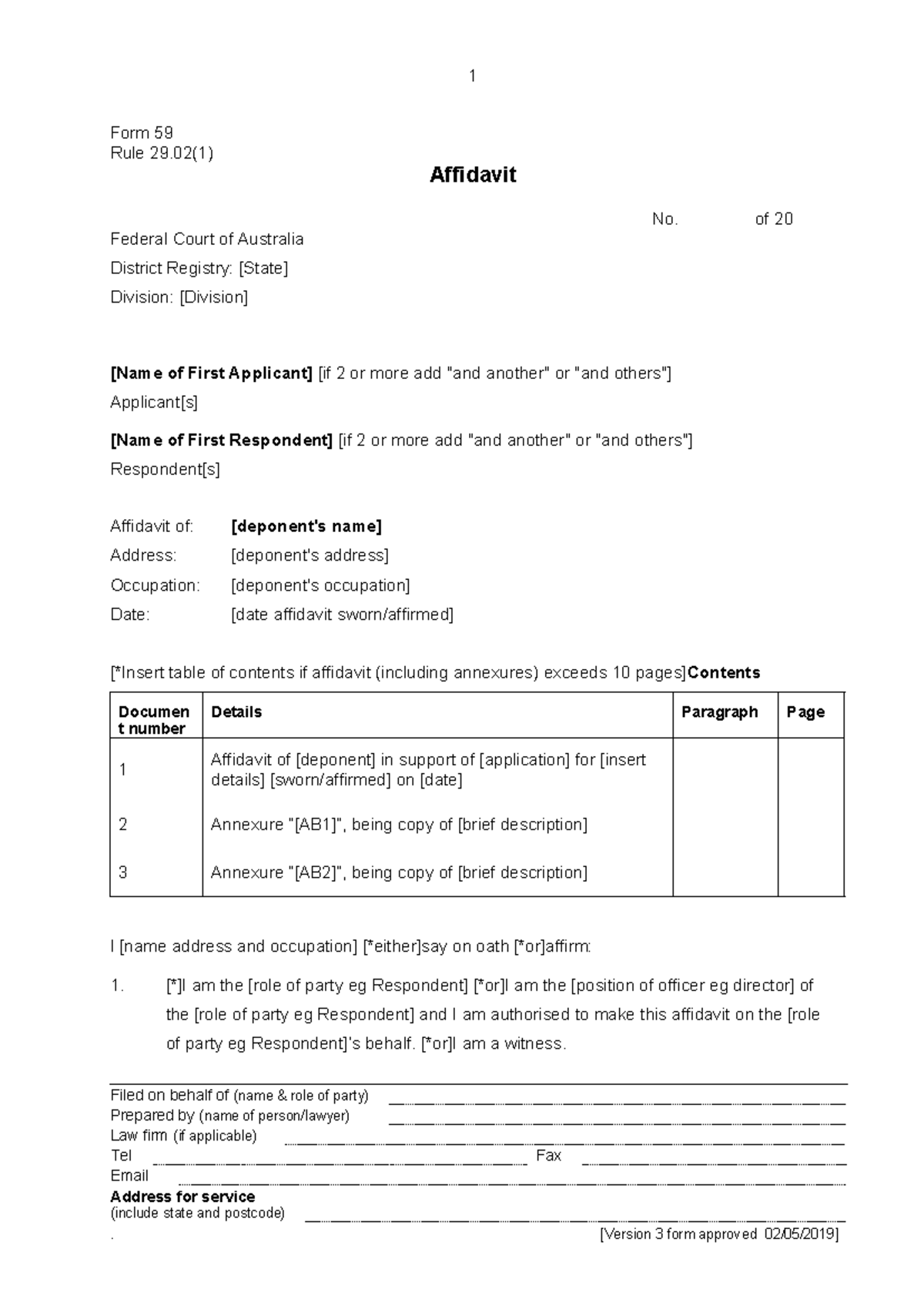 FCA Form 59 Affidavit Template - Federal Court of Australia - Studocu