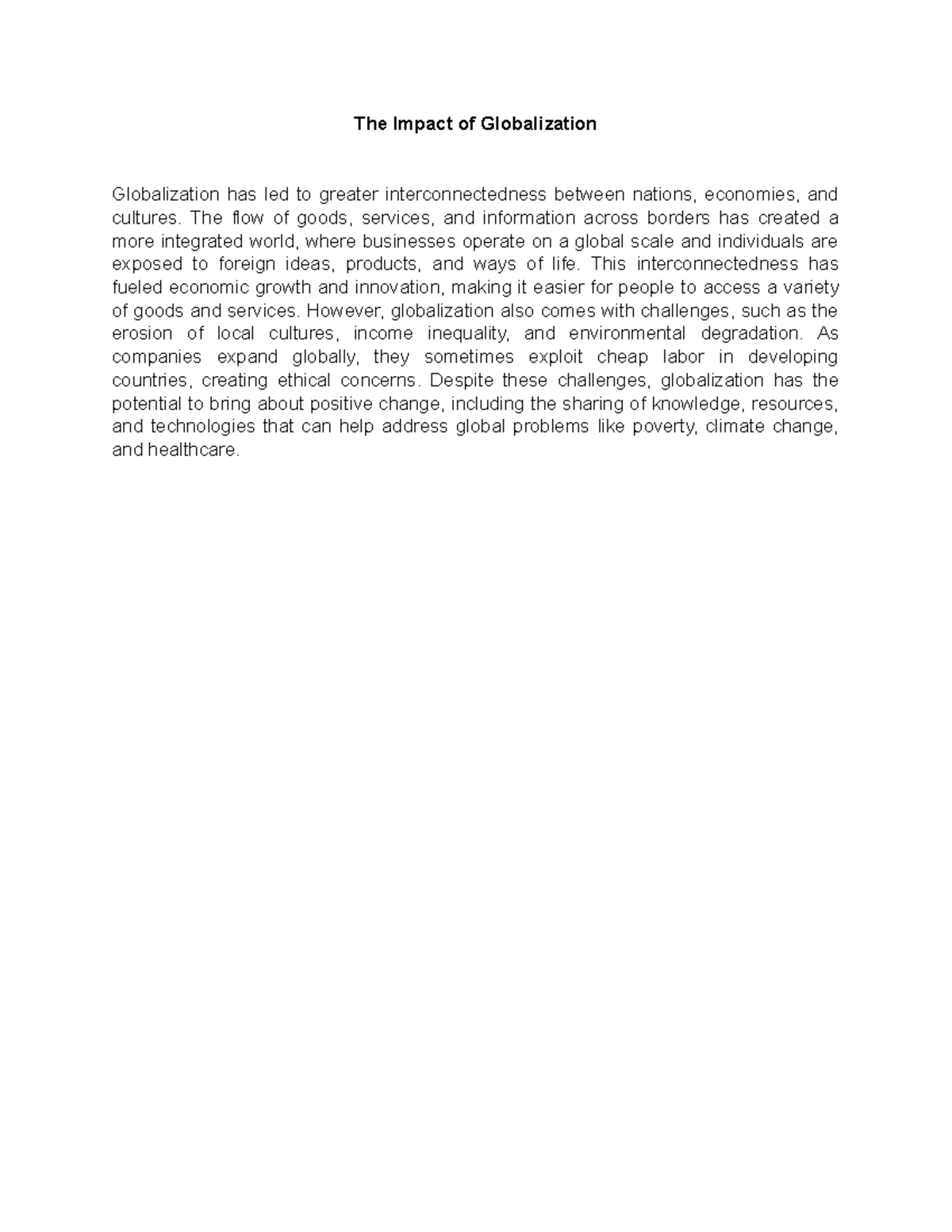 The Impact of Globalization: Interconnectedness and Challenges - Studocu