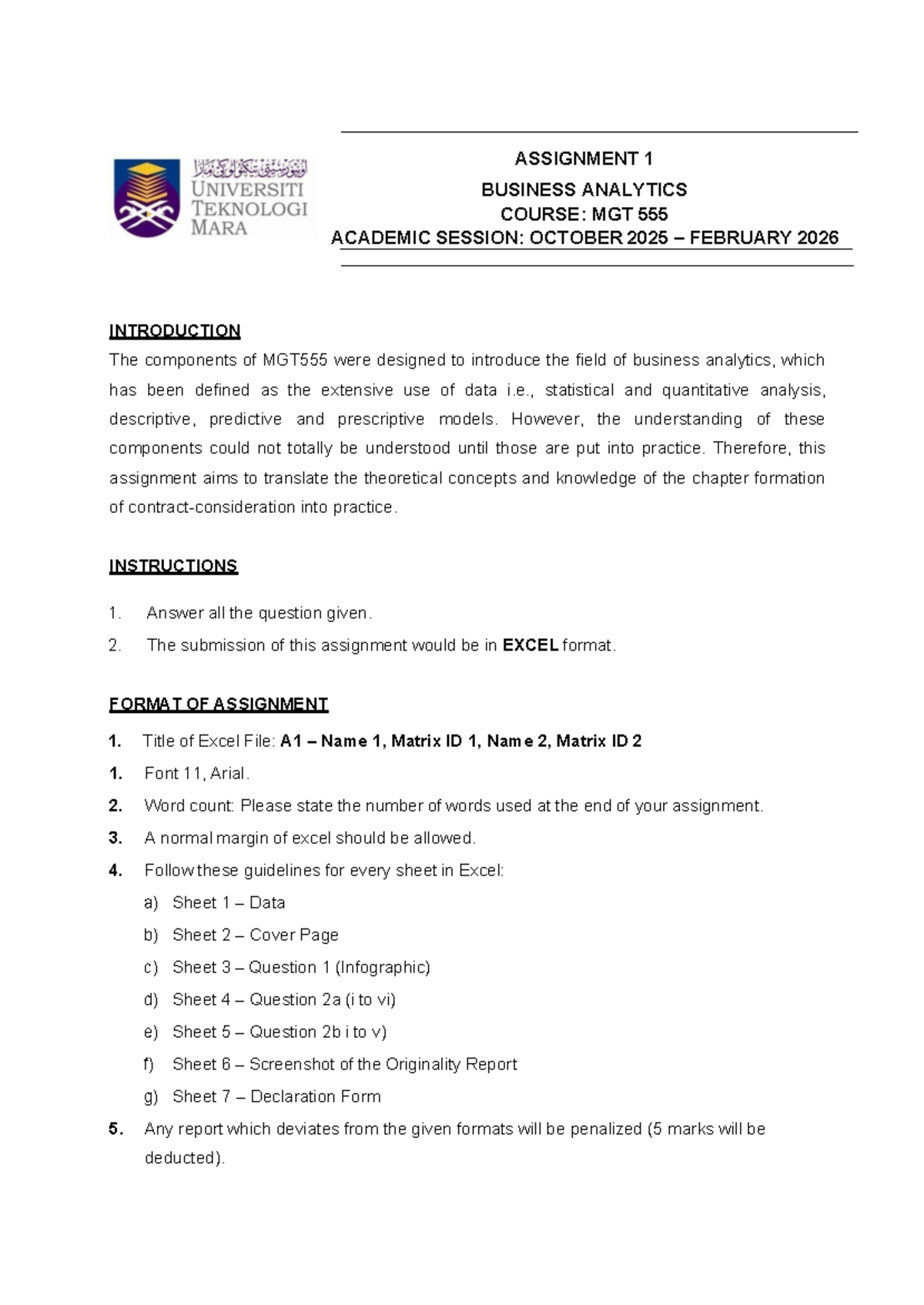 MGT555 - Assignment 1 Guide for Business Analytics - Studocu