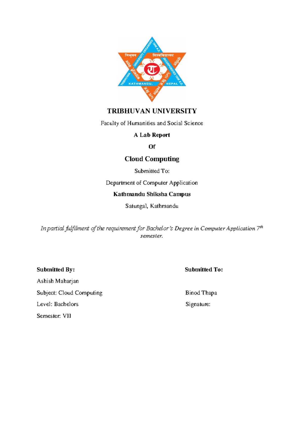 Cloud Computing Lab Report - TRIBHUVAN UNIVERSITY (7th Sem) - Studocu