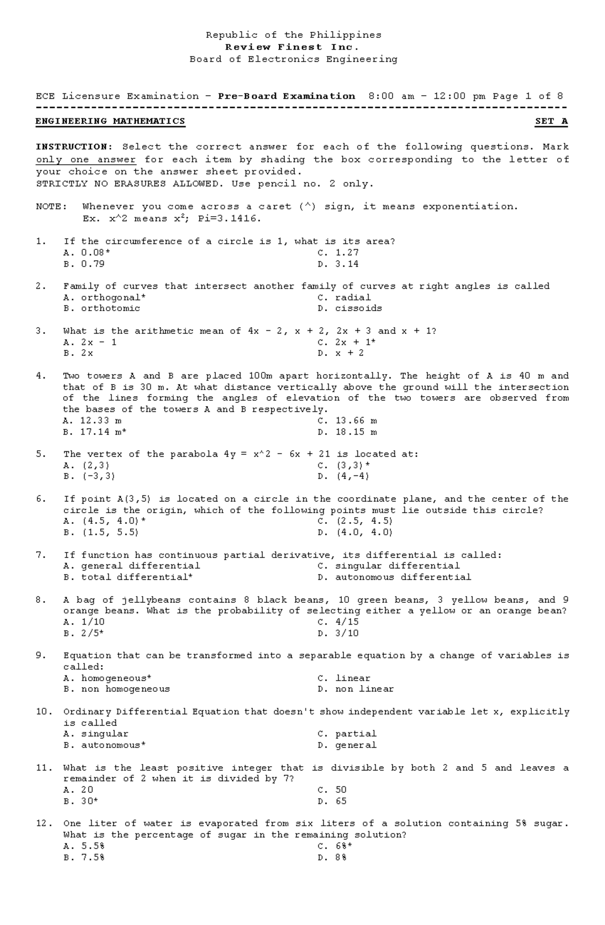 Engineering Mathematics ECE Licensure Exam Prep - Set A - Studocu