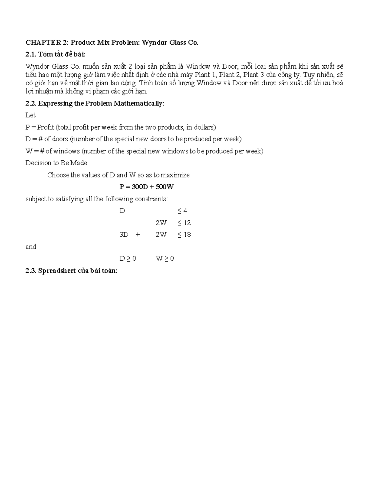 CHAPTER 2: Optimizing Product Mix for Wyndor Glass Co. - Studocu
